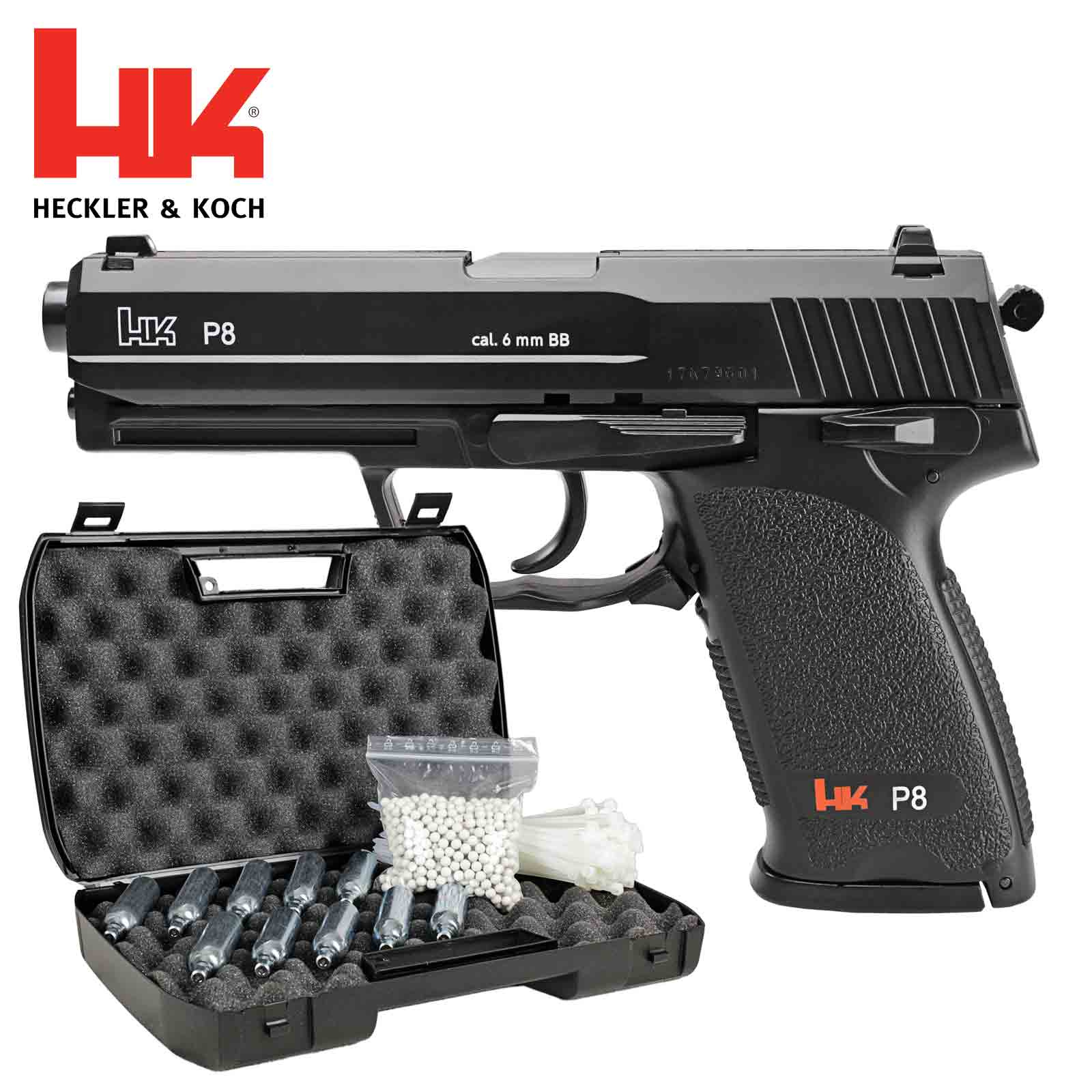 Komplettset Heckler & Koch P8 Softair-Co2-Pistole Kaliber 6 mm BB NBB