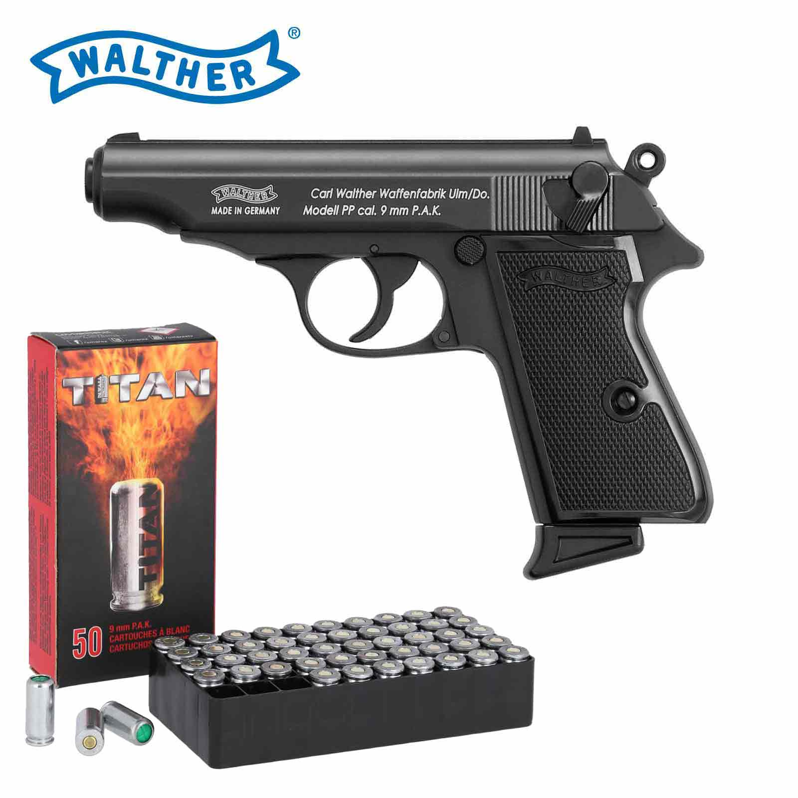 SET Walther PP Schreckschuss Pistole Schwarz 9 mm P.A.K. (P18) + 50 P