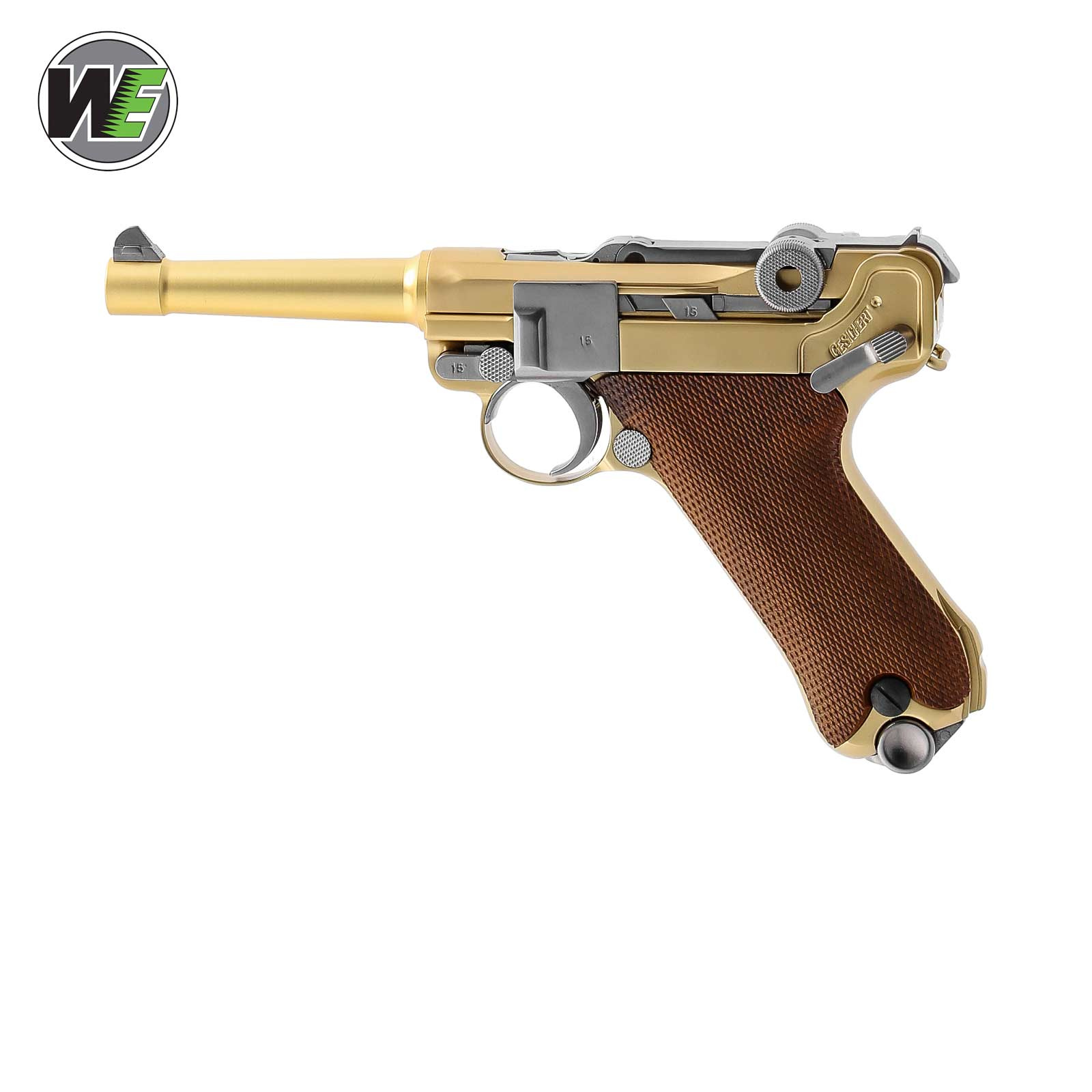 WE P08 Vollmetall Softair-Pistole Gold Kaliber 6 mm BB Gas Blowback