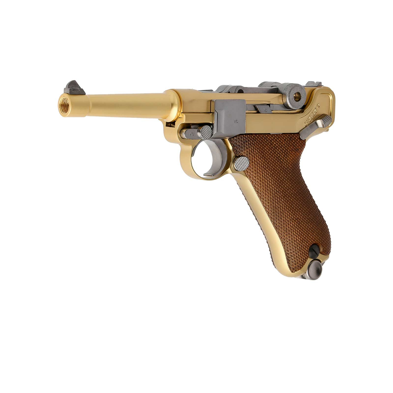 WE P08 Vollmetall Softair-Pistole Gold Kaliber 6 mm BB Gas Blowback