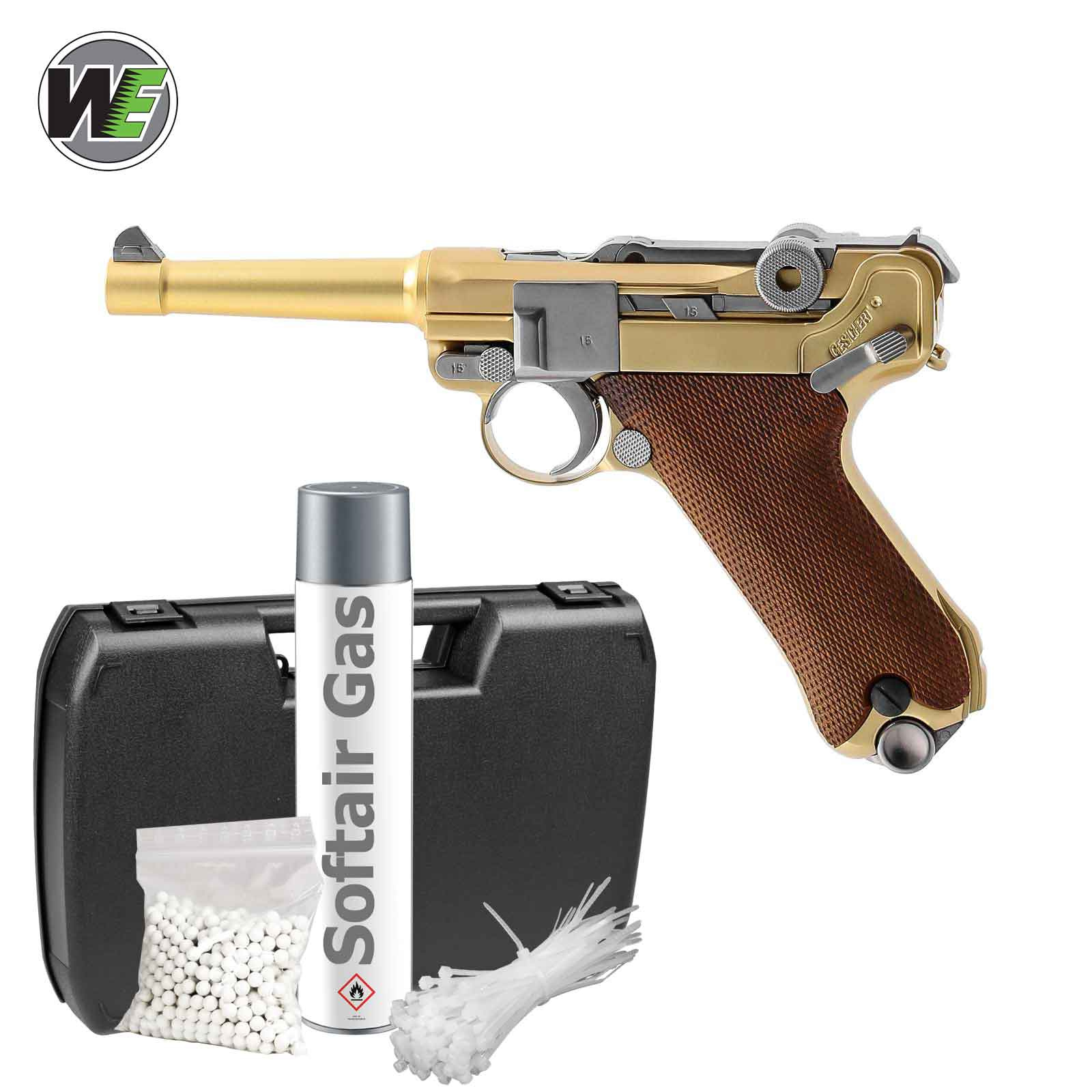 Komplettset WE P08 Vollmetall Softair-Pistole Gold Kaliber 6 mm BB Ga