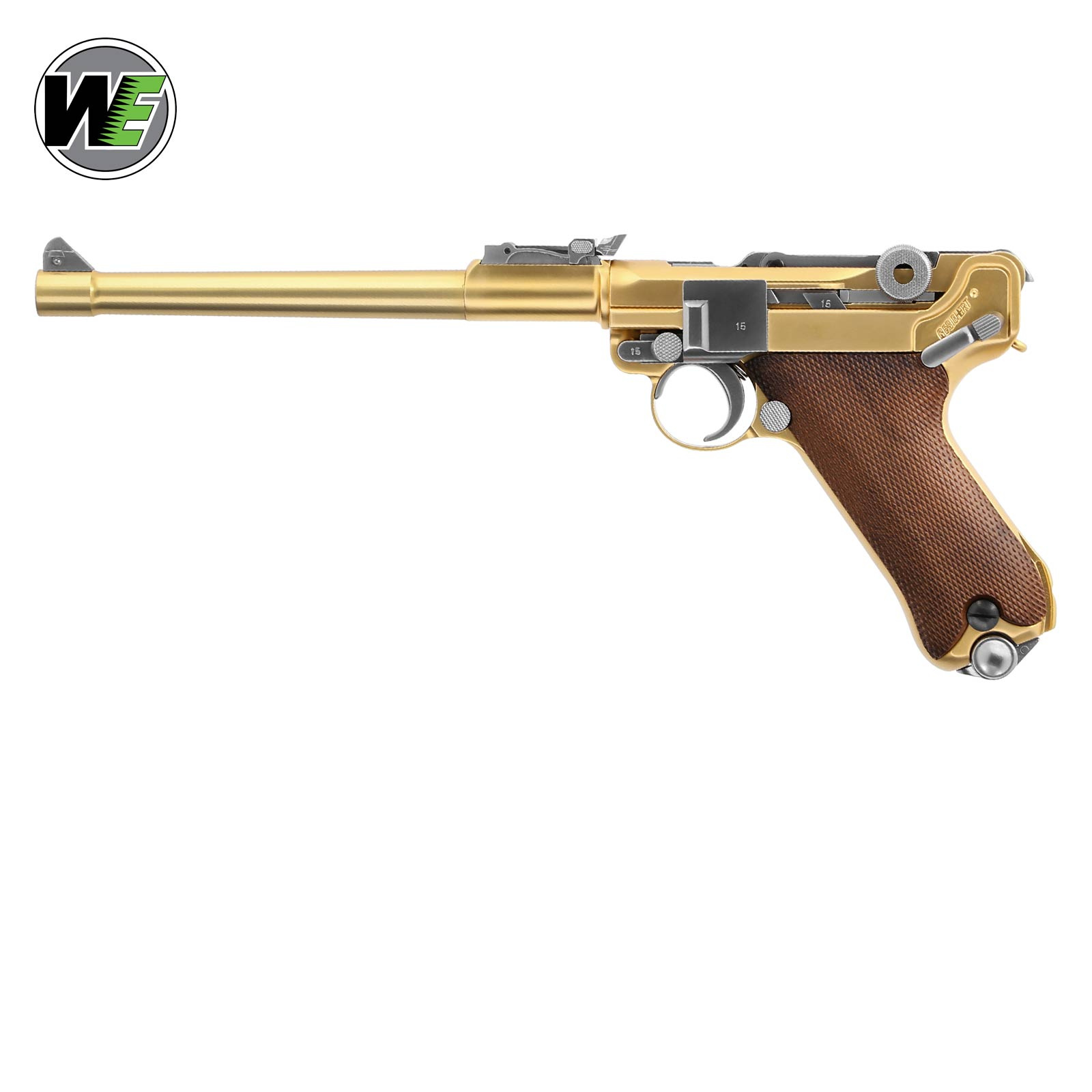 WE P08 Vollmetall Softair-Pistole Gold 8 Zoll Lauf Kaliber 6 mm BB Ga