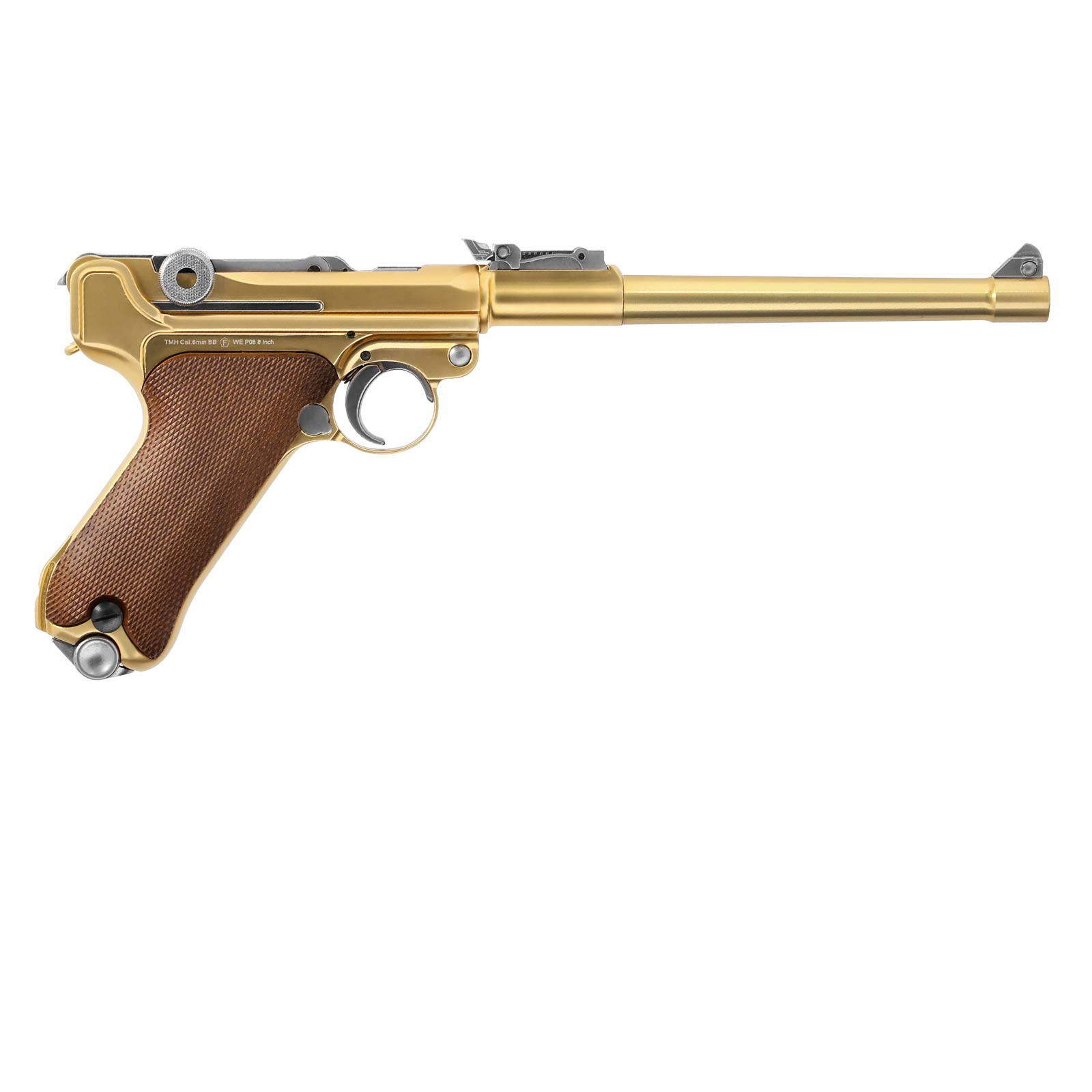 WE P08 Vollmetall Softair-Pistole Gold 8 Zoll Lauf Kaliber 6 mm BB Ga