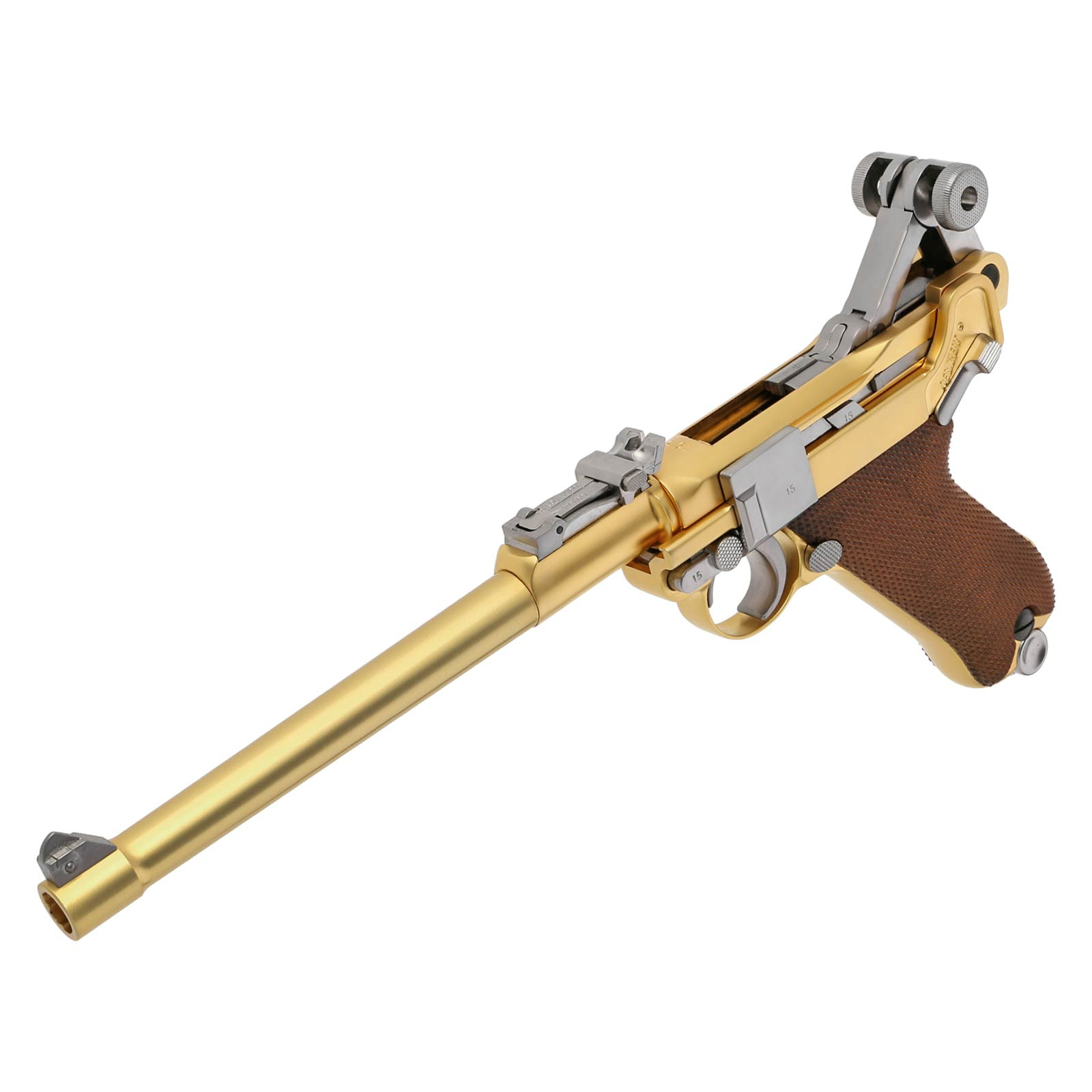 WE P08 Vollmetall Softair-Pistole Gold 8 Zoll Lauf Kaliber 6 mm BB Ga