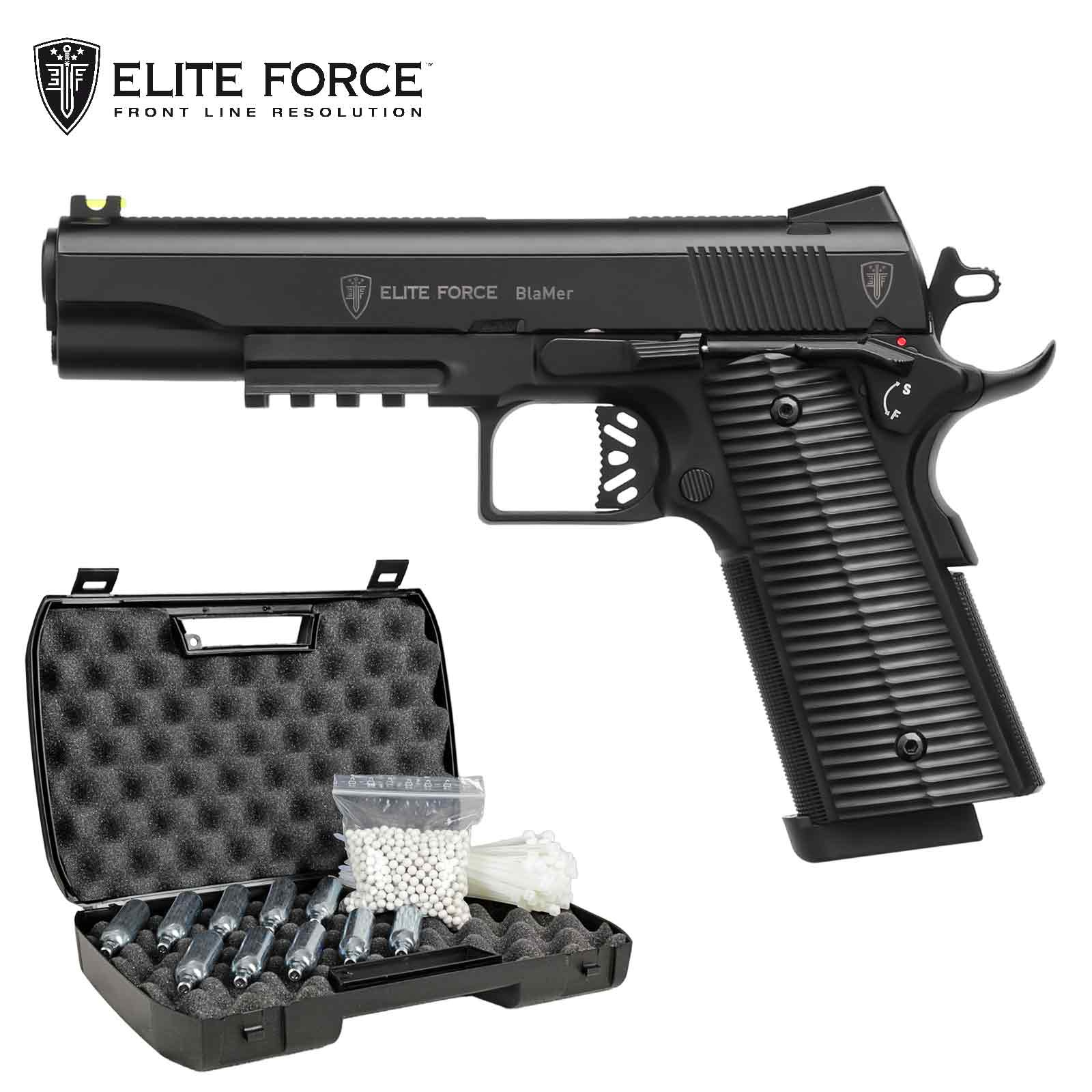 Komplettset Elite Force BlaMer Softair-Co2-Pistole Kaliber 6 mm BB Bl
